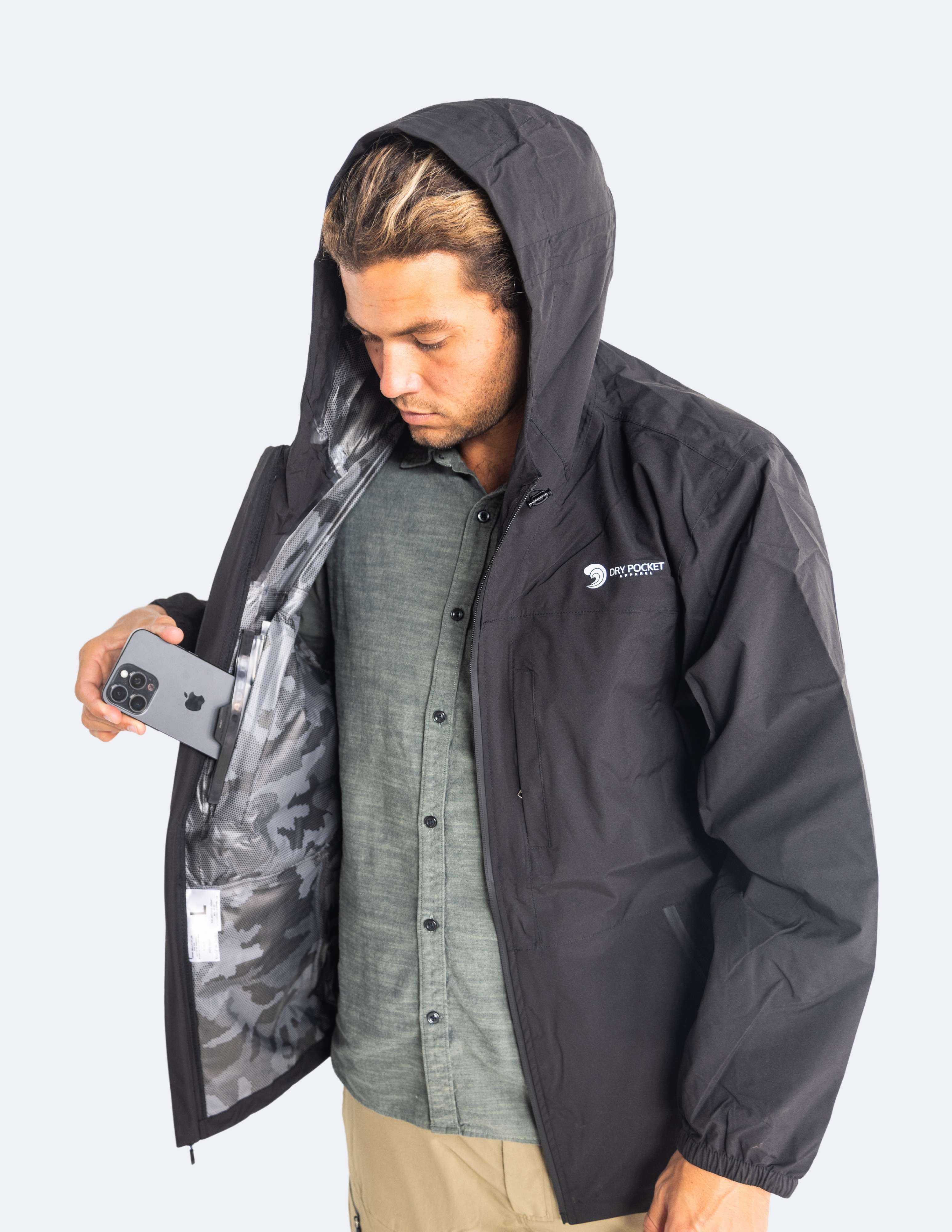 Dry Pocket Black Fin - Waterproof Pocket Rain Jacket - Angler's Pro ...