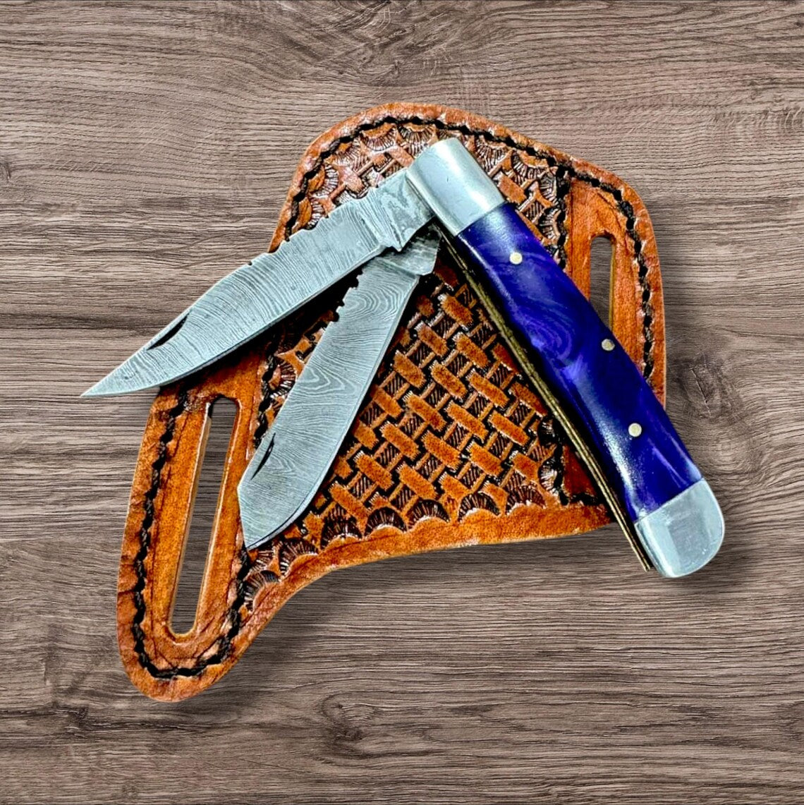 Texan Knives Folding Bull Cutter Knife - Custom Handmade Damascus Stee ...