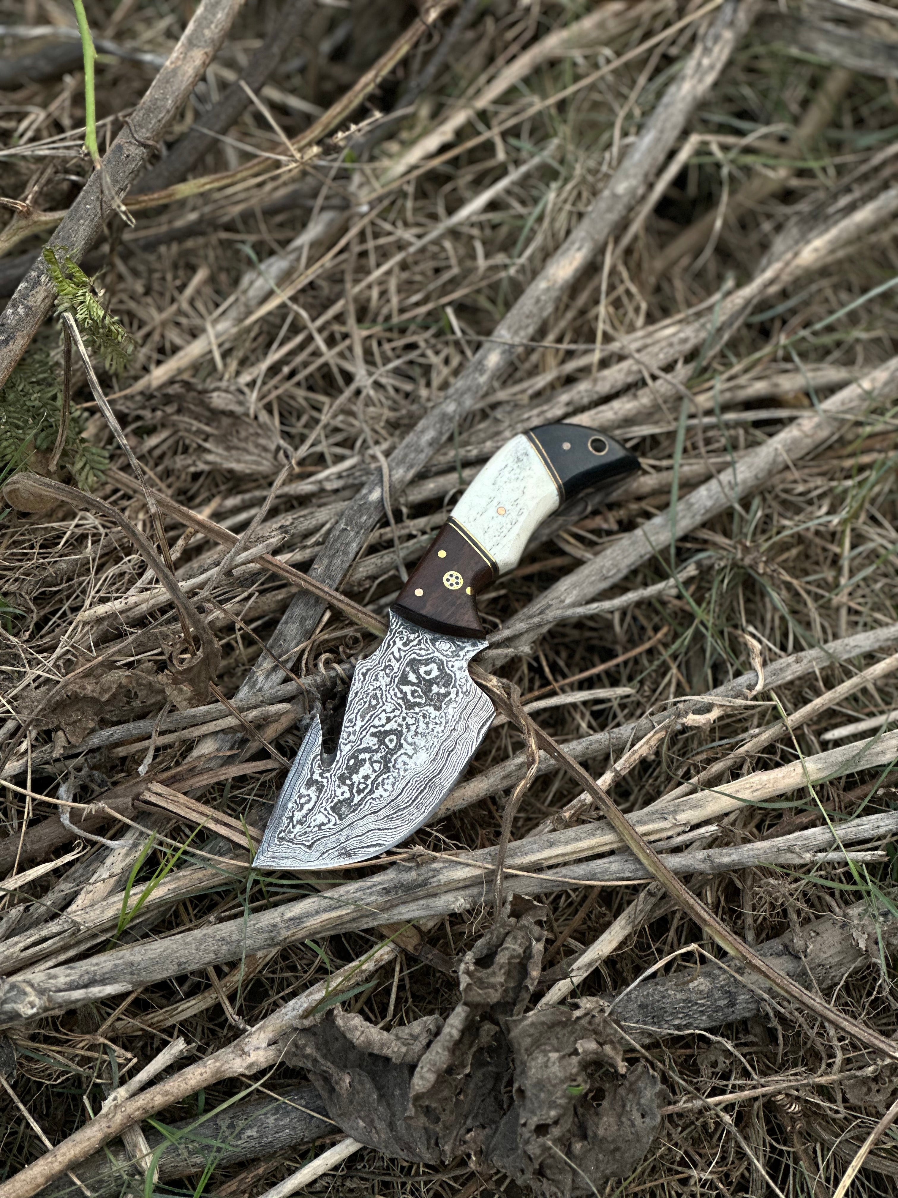 Texan Knives Custom Handmade Damascus Steel Guthook Skinning Knife with ...