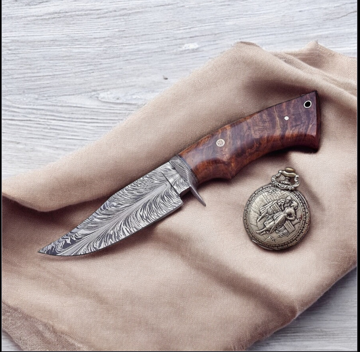 Texan Knives Custom Handmade Damascus Steel Hunting Knife – Rosewood Handle & Leather Sheath ...